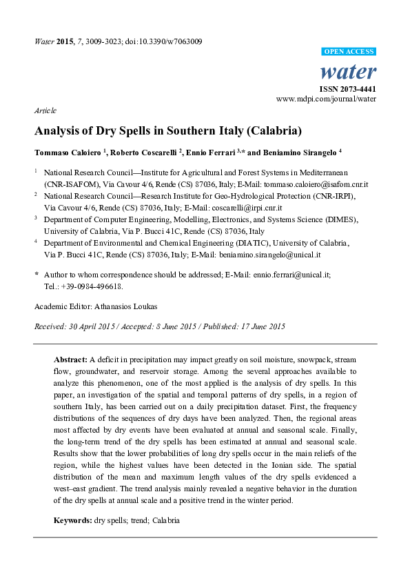 (PDF) Article Analysis of Dry Spells in Southern Italy (Calabria)