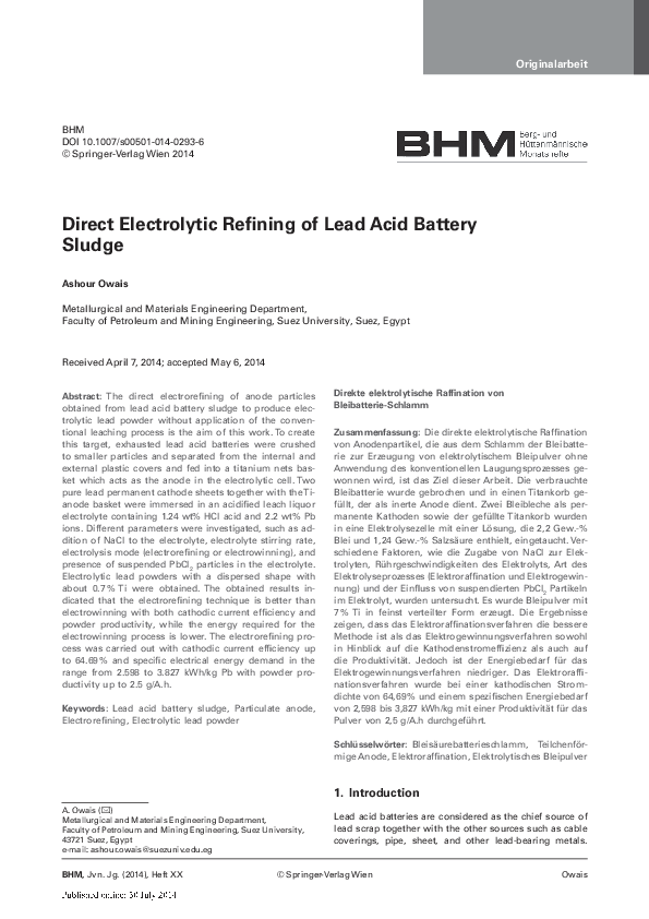 (PDF) Direct Electrolytic Refining of Lead Acid Battery Sludge