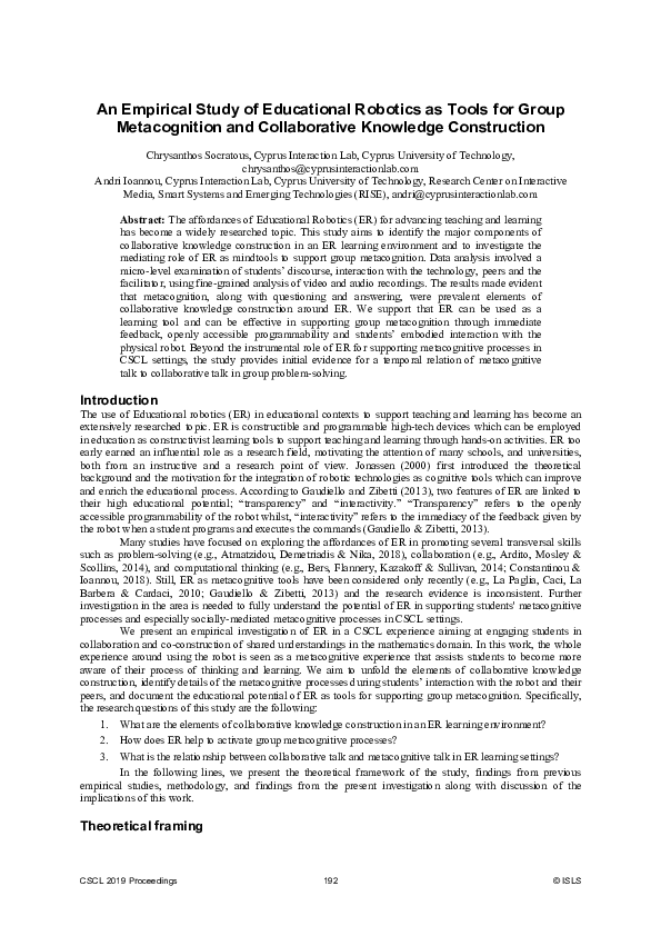 (PDF) An empirical study of educational robotics as tools for group metacognition and ...