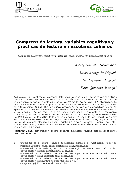 (PDF) Comprensión lectora, variables cognitivas y prácticas de lectura en escolares cubanos