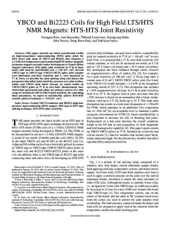 (PDF) YBCO and Bi2223 Coils for High Field LTS/HTS NMR Magnets: HTS-HTS ...