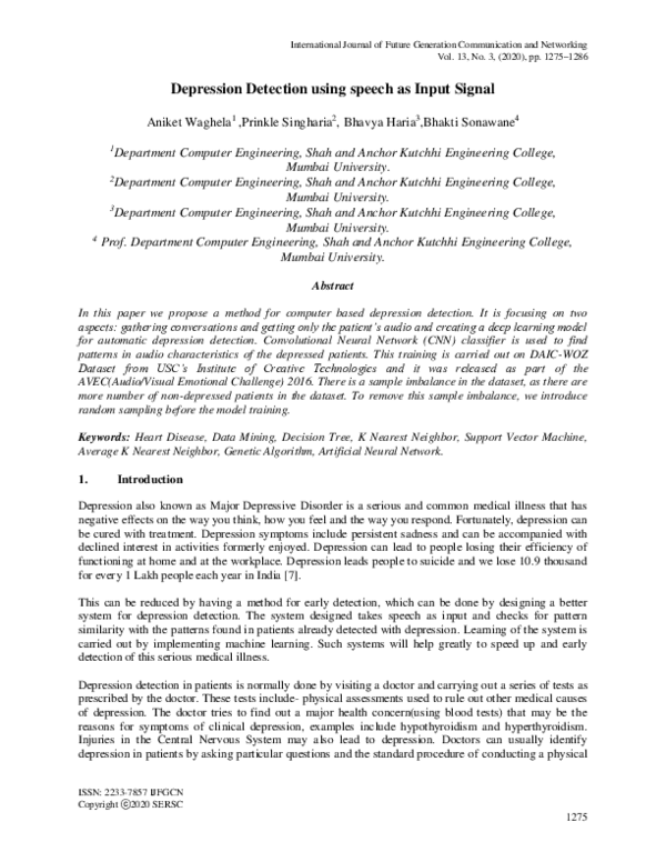 (PDF) Depression Detection using speech as Input Signal