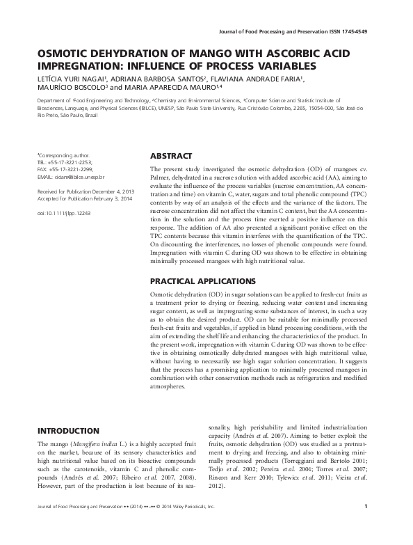 (PDF) Osmotic Dehydration of Mango with Ascorbic Acid Impregnation: Influence of Process Variables