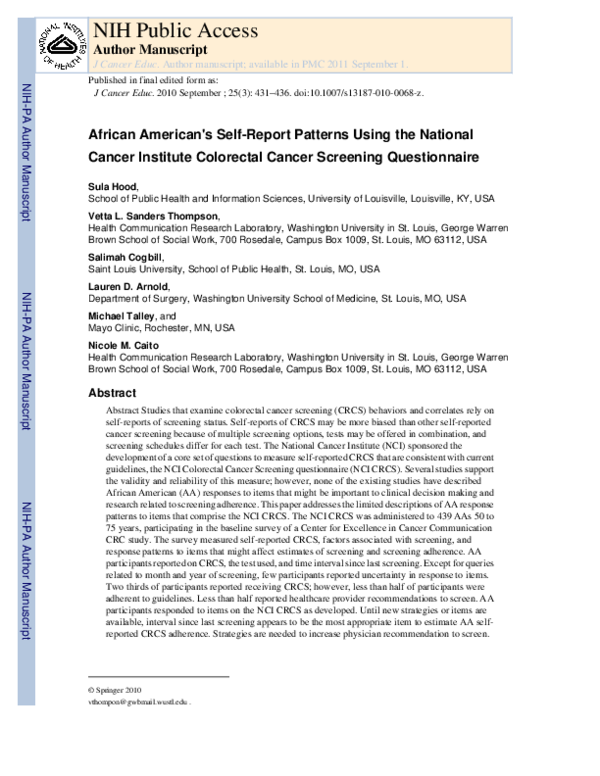 (PDF) African American's Self-Report Patterns Using the National Cancer ...