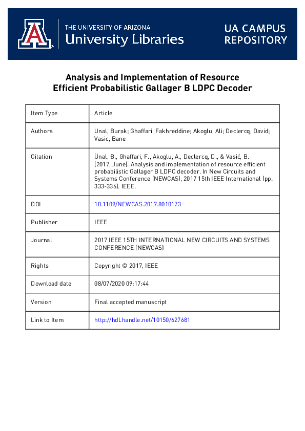 (PDF) Analysis and implementation of resource efficient probabilistic Gallager B LDPC decoder
