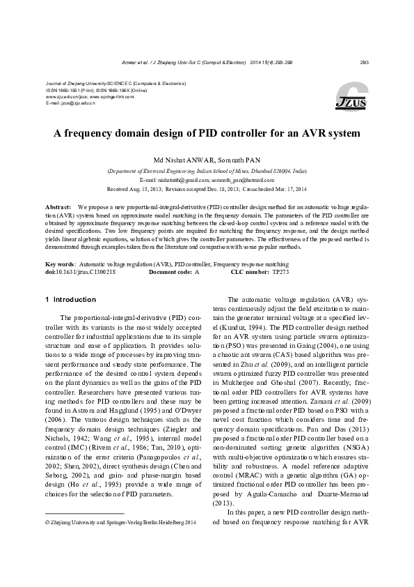 Pdf A Frequency Domain Design Of Pid Controller For An Avr System