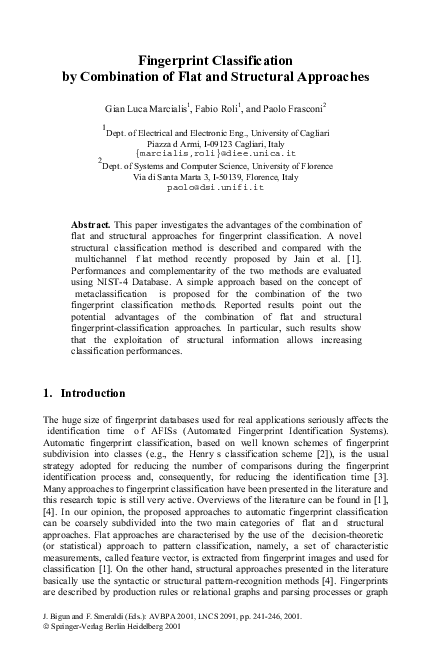 (PDF) Fingerprint Classification by Combination of Flat and Structural Approaches | Gian Luca ...