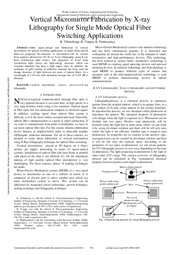 (PDF) Vertical Micromirror Fabrication By X-Ray Lithography For Single Mode Optical Fiber ...