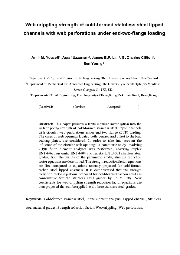 Pdf Web Crippling Strength Of Cold Formed Stainless Steel Lipped