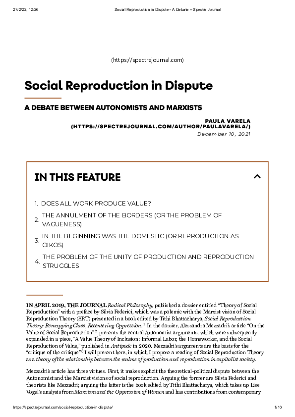 (PDF) The Debate Over Social Reproduction Theory