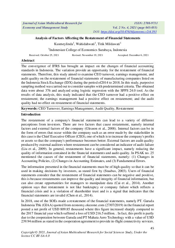 (PDF) Analysis of Factors Affecting the Restatement of Financial Statements