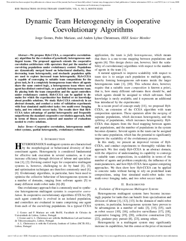(PDF) Dynamic Team Heterogeneity in Cooperative Coevolutionary Algorithms