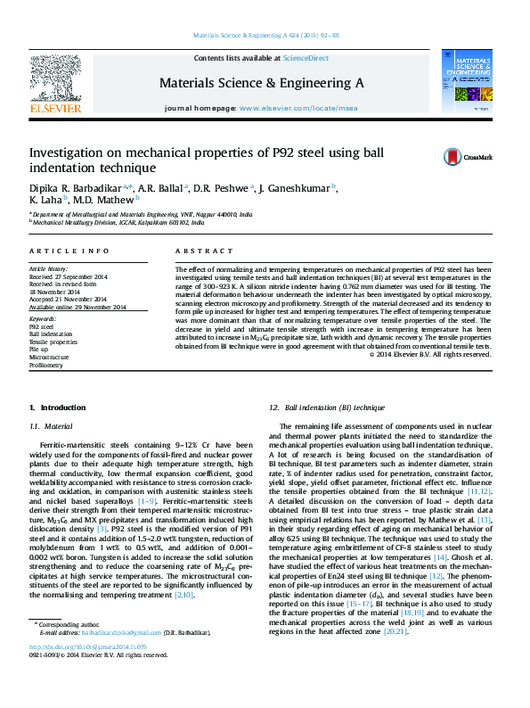 (PDF) Investigation on mechanical properties of P92 steel using ball ...