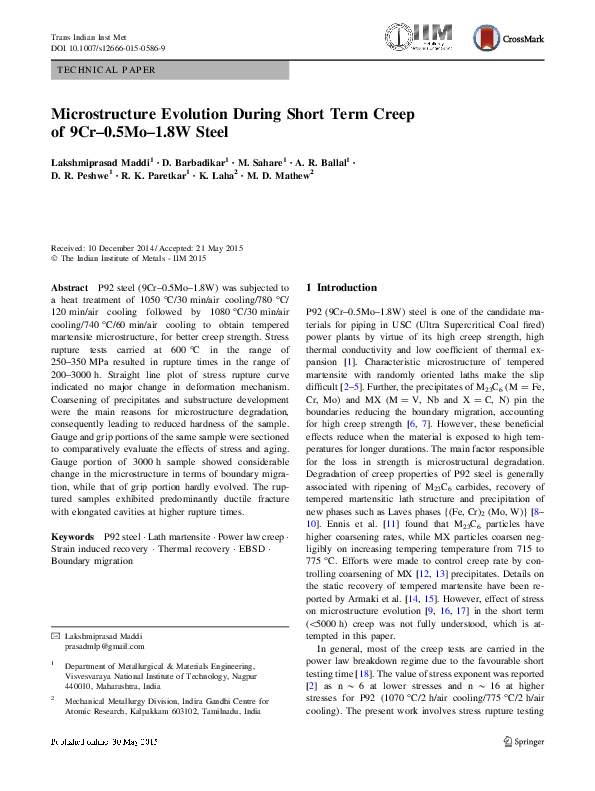 (PDF) Microstructure Evolution During Short Term Creep of 9Cr–0.5Mo–1 ...