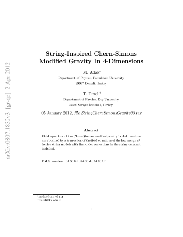 (PDF) String-inspired Chern–Simons modified gravity in four dimensions