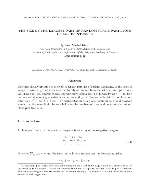 (PDF) The size of the largest part of random plane partitions of large integers, Integers: Electron