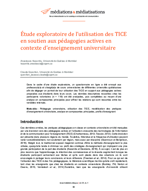 (PDF) Étude exploratoire de l’utilisation des TICE en soutien aux pédagogies actives en contexte ...