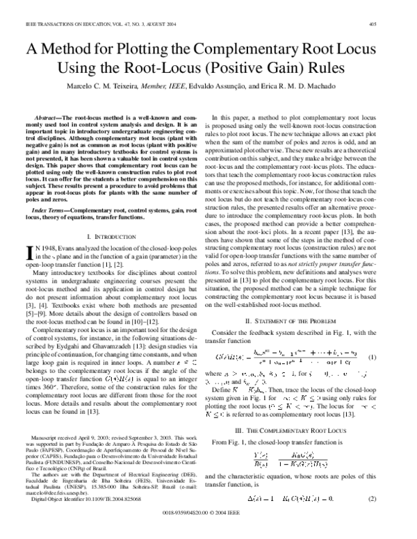 (PDF) A Method for Plotting the Complementary Root Locus Using the Root-Locus (Positive Gain) Rules