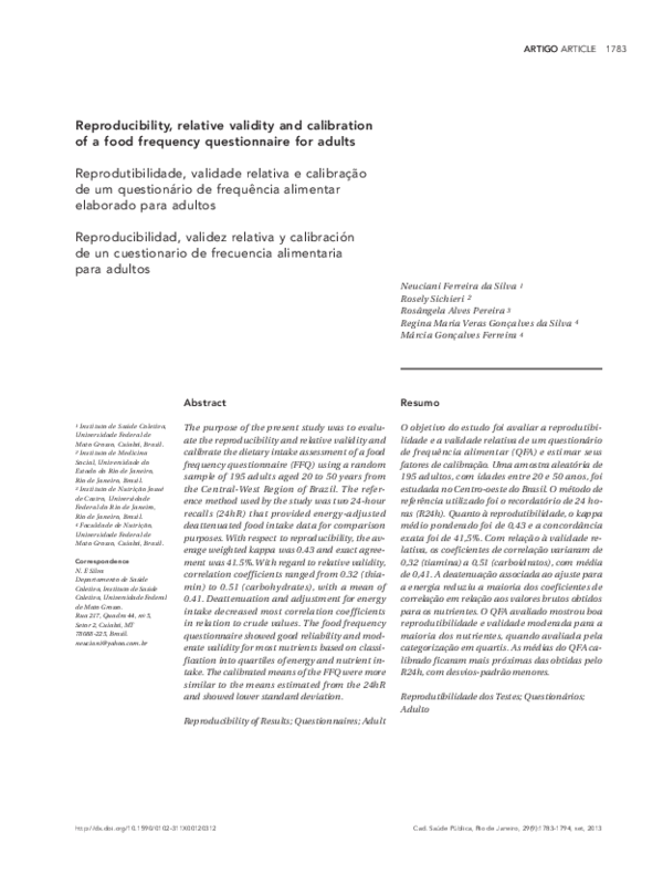 Pdf Reproducibility Relative Validity And Calibration Of A Food