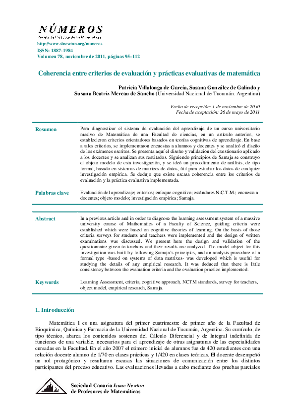 (PDF) Coherencia entre criterios de evaluación y prácticas evaluativas de matemática