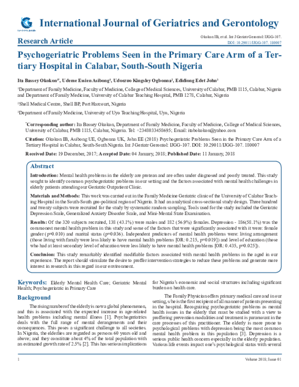 (PDF) Psychogeriatric Problems Seen in the Primary Care Arm of a ...