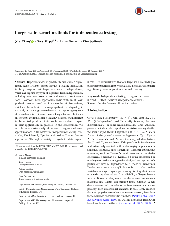 (PDF) Large-scale kernel methods for independence testing