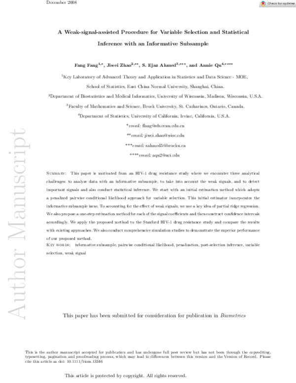 (PDF) A weak‐signal‐assisted procedure for variable selection and statistical inference with an ...
