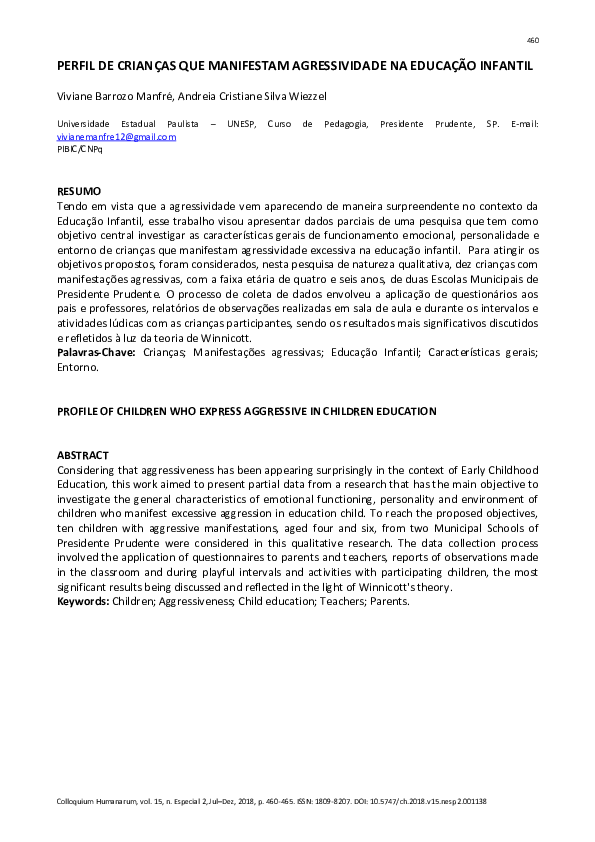 (PDF) Perfil De Crianças Que Manifestam Agressividade Na Educação ...