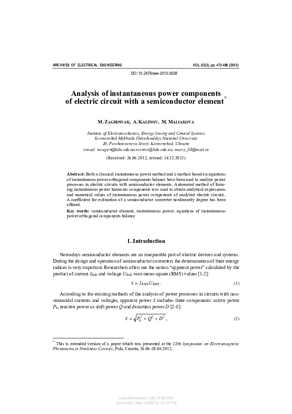 (PDF) Analysis of instantaneous power components of electric circuit with a semiconductor element