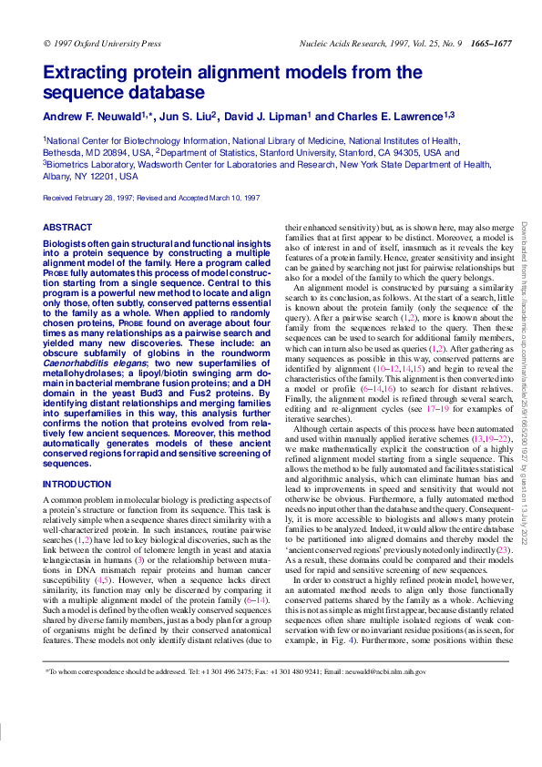 Pdf Extracting Protein Alignment Models From The Sequence Database Charles Lawrence