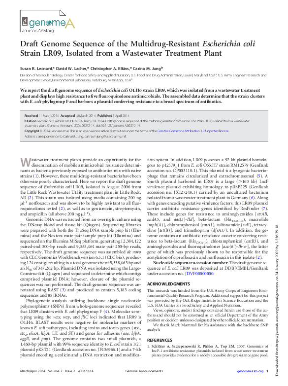 (PDF) Draft Genome Sequence of the Multidrug-Resistant Escherichia coli Strain LR09, Isolated ...