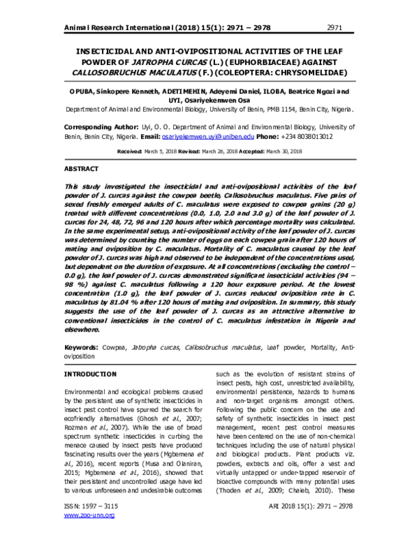 (PDF) Insecticidal and anti-ovipositional activities of the leaf powder ...