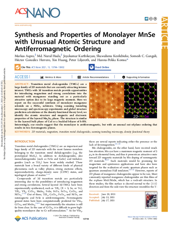 (PDF) Synthesis and Properties of Monolayer MnSe with Unusual Atomic ...
