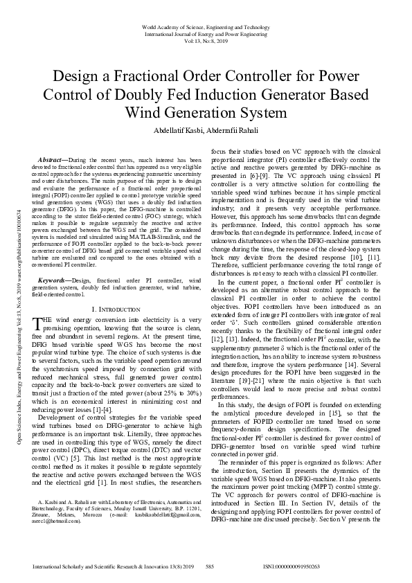 Pdf Design A Fractional Order Controller For Power Control Of Doubly Fed Induction Generator