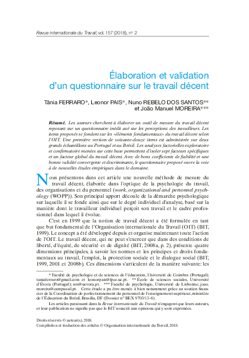 (PDF) Élaboration et Validation D'Un Questionnaire Sur Le Travail Décent