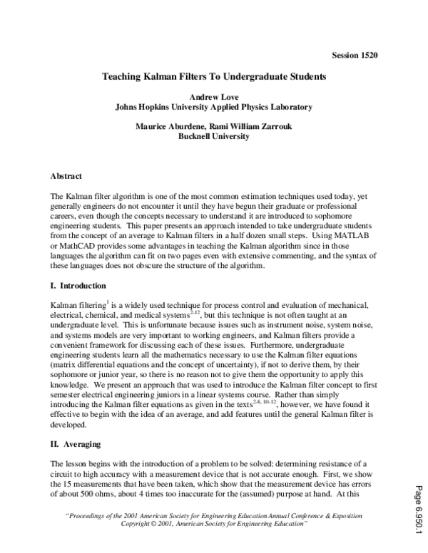 (PDF) Teaching Kalman Filters To Undergraduate Students
