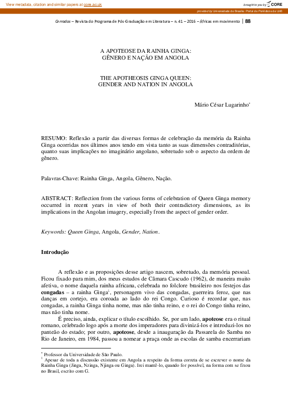 (PDF) A apoteose da Rainha Ginga: gênero e nação em Angola