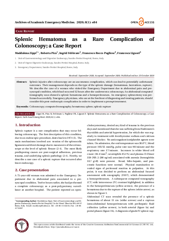 (PDF) Splenic Hematoma as a Rare Complication of Colonoscopy; a Case Report