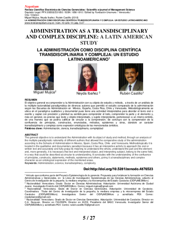 (PDF) La Administración Como Disciplina Científica Transdisciplinaria y Compleja: Un Estudio ...