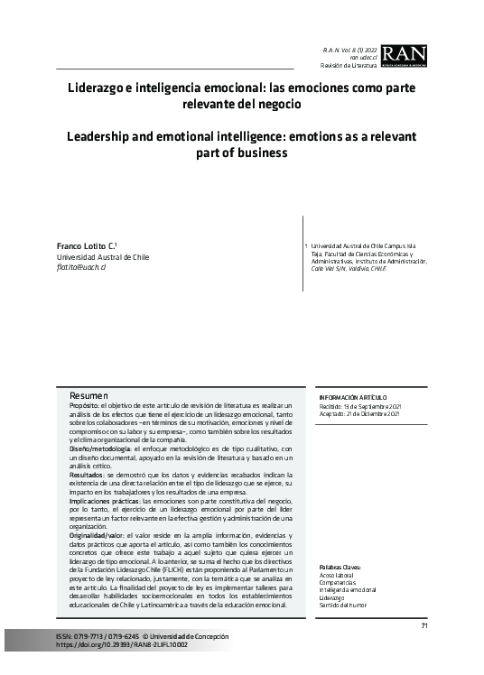 (PDF) Liderazgo e inteligencia emocional: las emociones como parte relevante del negocio