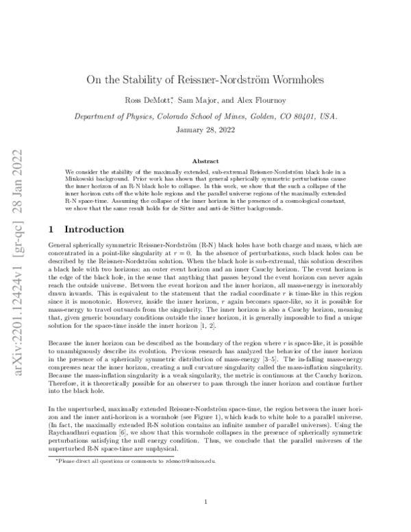 (PDF) On the Stability of Reissner-Nordstrom Wormholes
