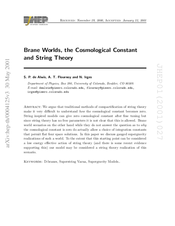 (PDF) Brane Worlds, the Cosmological Constant and String Theory | Alex ...