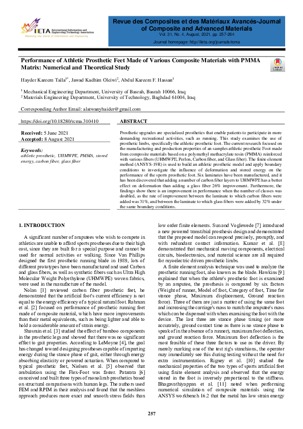 (PDF) Performance of Athletic Prosthetic Feet Made of Various Composite ...
