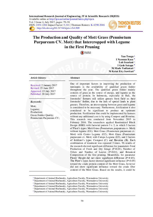 (PDF) The Production and Quality of Mott Grass (Pennisetum Purpureum CV ...