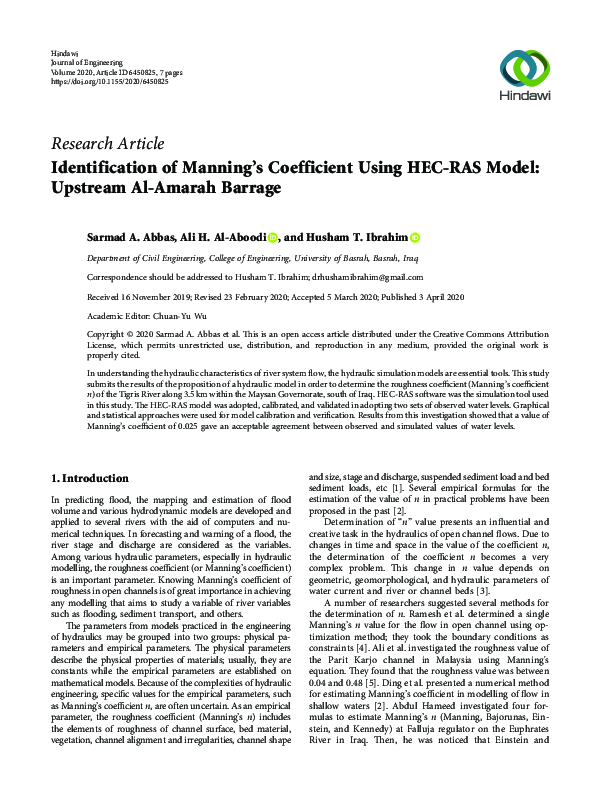 (PDF) Identification of Manning’s Coefficient Using HEC-RAS Model ...