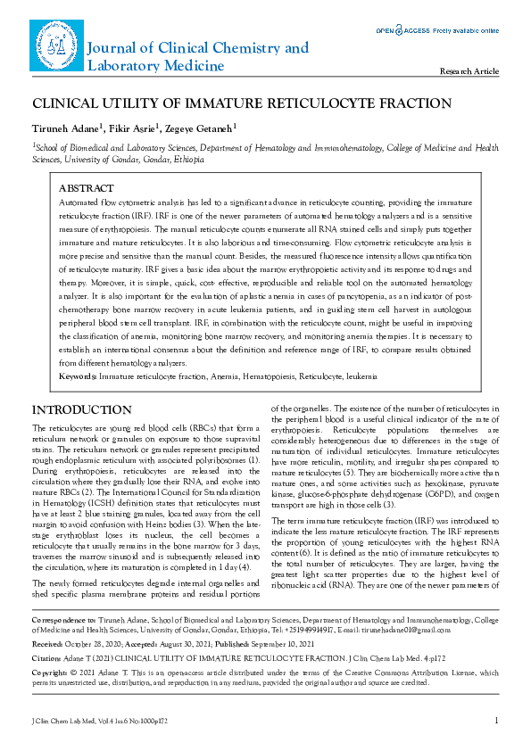 (PDF) CLINICAL UTILITY OF IMMATURE RETICULOCYTE FRACTION