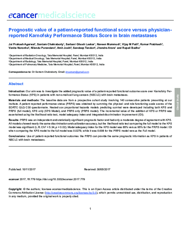 (PDF) Prognostic value of a patient-reported functional score versus ...