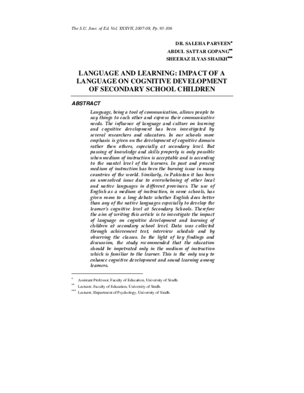 (PDF) Language and Learning: Impact of a Language on Cognitive Development of Secondary School ...