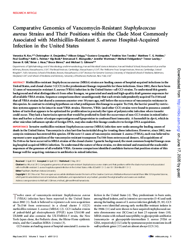 (PDF) Comparative Genomics of Vancomycin-Resistant Staphylococcus aureus Strains and Their ...