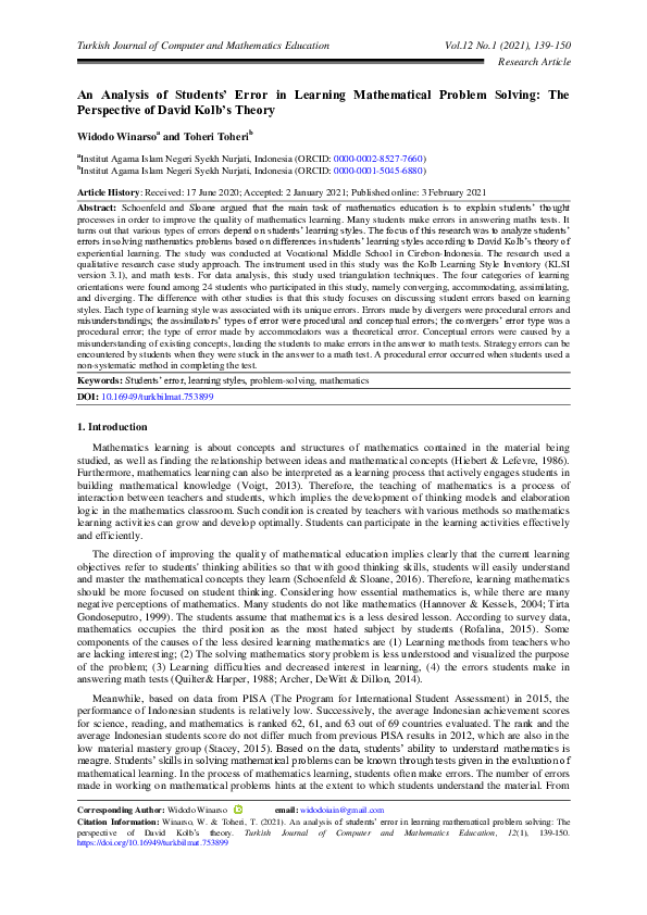 (PDF) An Analysis of Students’ Error in Learning Mathematical Problem Solving; the Perspective ...